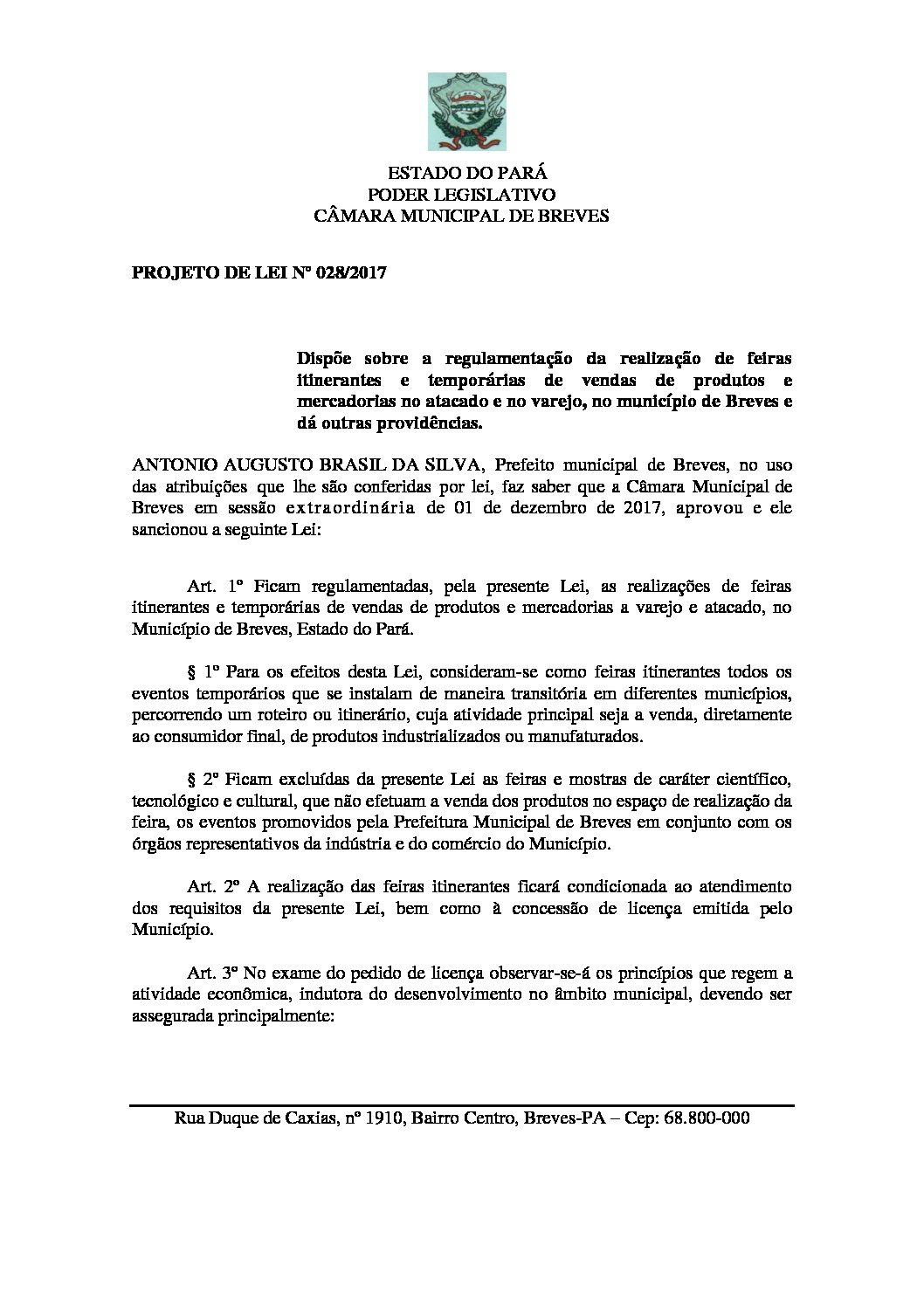 PROJETO DE LEI Nº 028 FEIRA ITINERANTE WALTER - Câmara Municipal de Breves